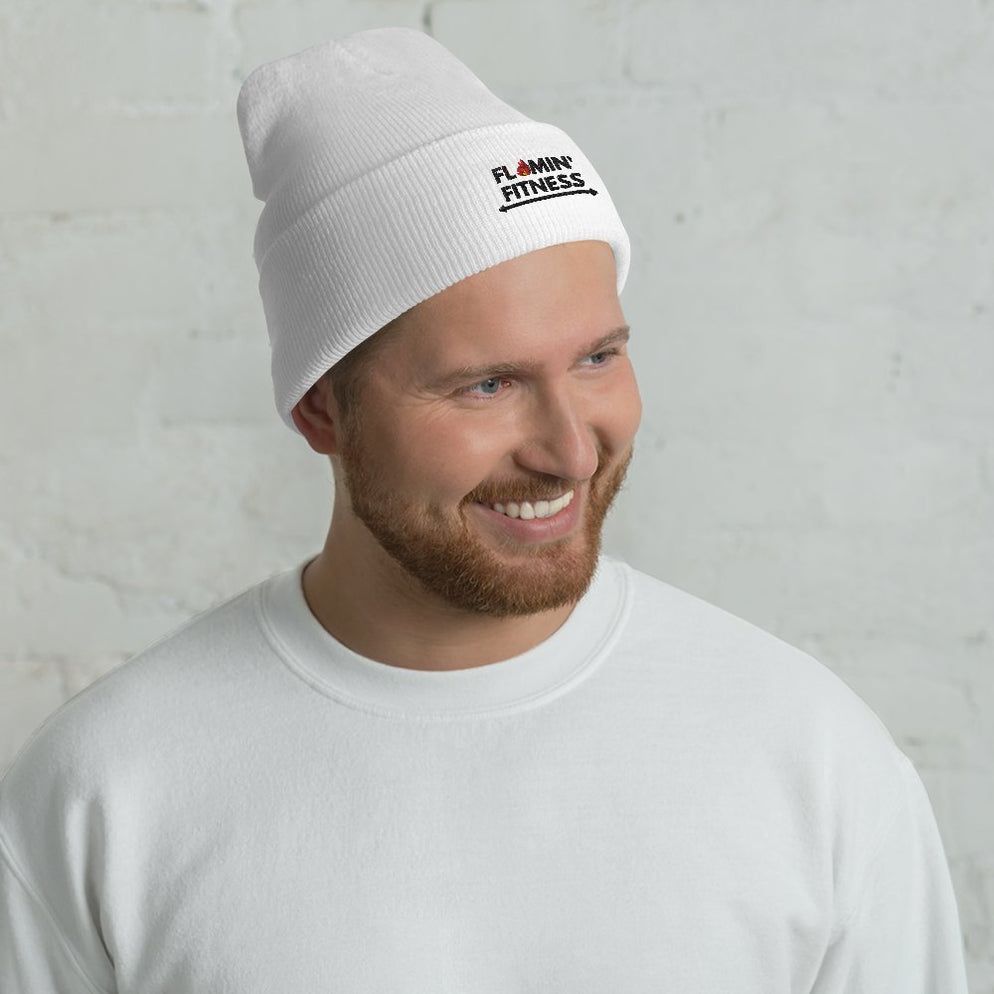 White Cuffed Beanie | Hats, Caps & Beanies — Flamin' Fitness